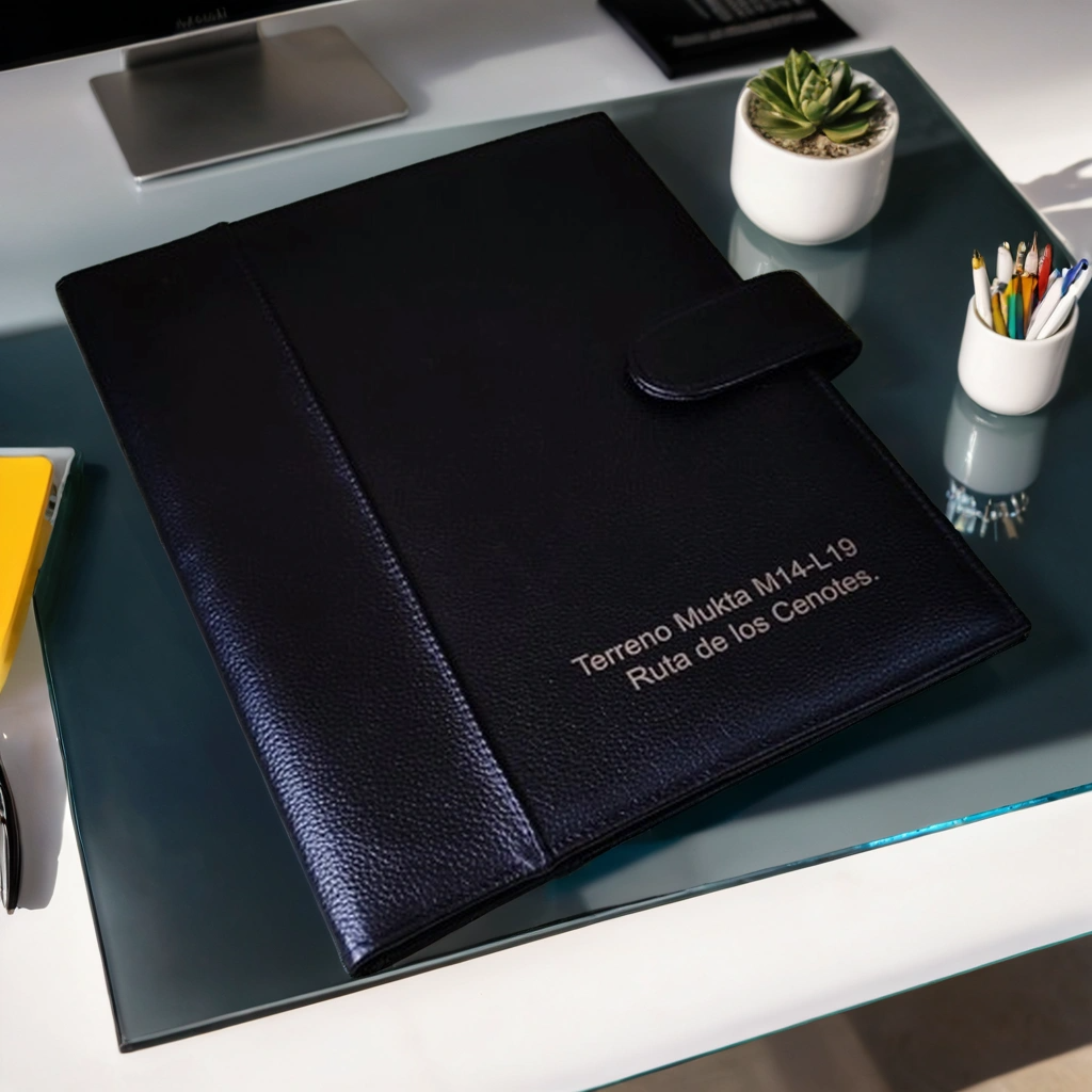 Carpetas personalizadas para documentos de piel con nombre y logotipo.